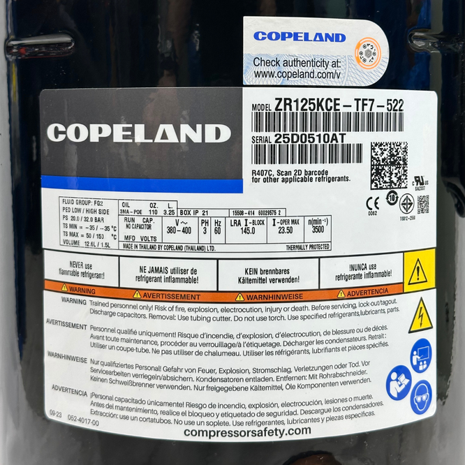 Copeland Compressor ZR125KCE-TF7-522 – Al Waha